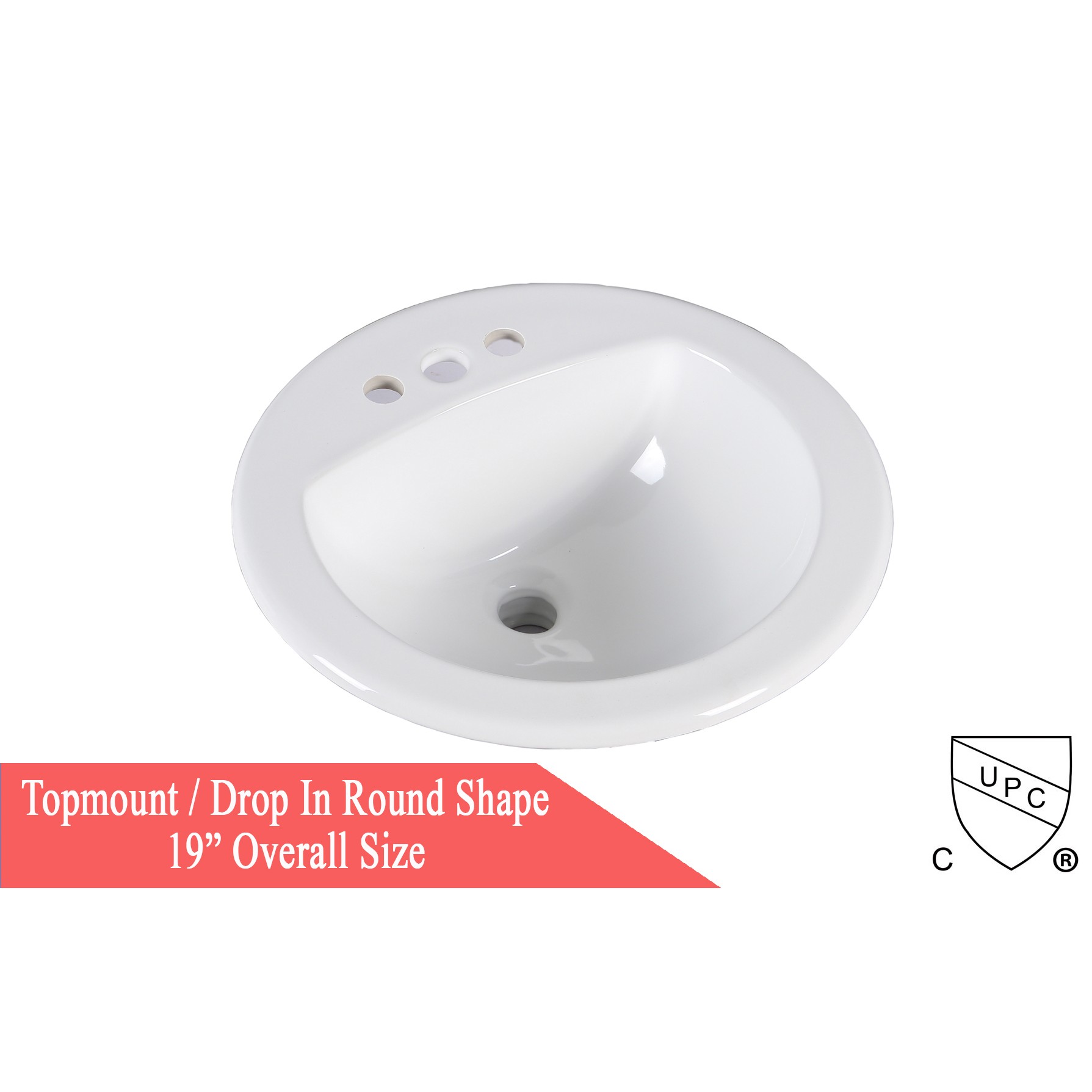Porcelain Ceramic Vanity Drop In Bathroom Vessel Sink - 19 inch Round